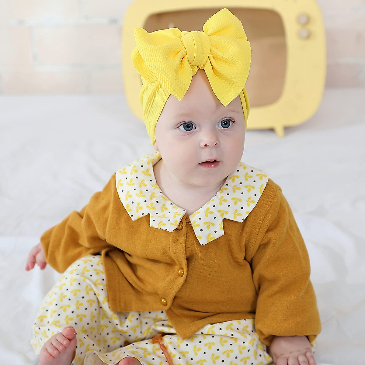 Cinaci 8 Pack Solid Big Knotted Hair Bow Large Bowknot Knot Beanie Turban Hats Caps Headwraps for Baby Girls Infants Toddlers Kids