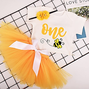 Gouldianfinch Infant Baby Girls 1st Birthday Outfits Bee Printed Romper Tutu Skirt with Bowknot Toddler Princess Dress(Bee, 12-18 Months)