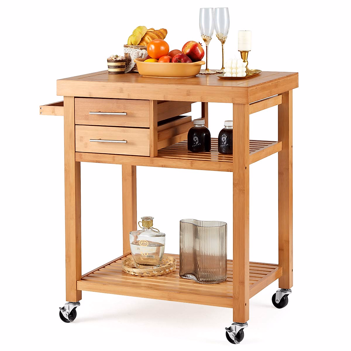 EROMMY Rolling Bamboo Wood Kitchen Island Cart, Multi-Purpose Kitchen Trolley Cart on Wheels, Rolling Kitchen Cart with Drawers, Open Storage Shelves, Towel Rack, Locking Casters