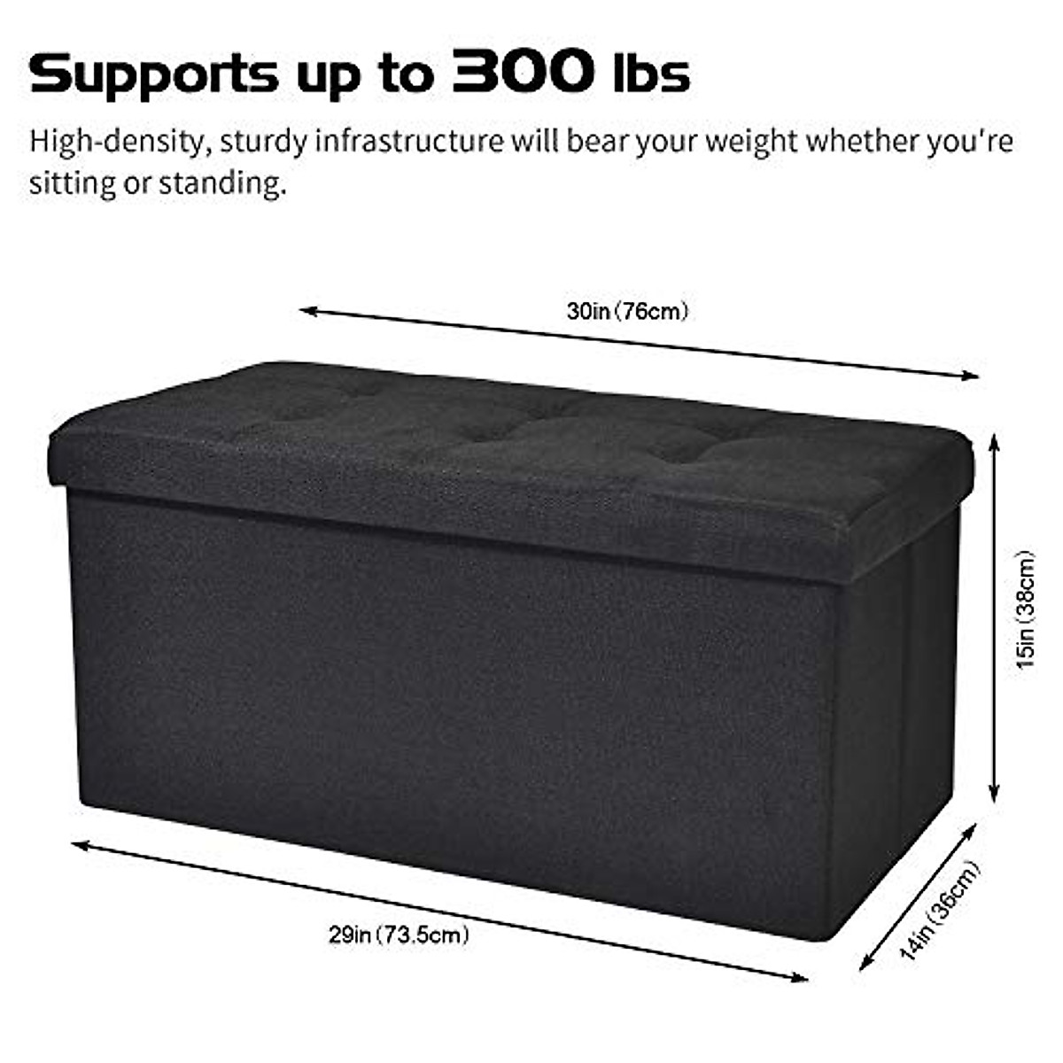 WoneNice Linen Folding Storage Ottoman Bench, Storage Chest Footrest Padded Seat, 30 x 15 x 15 Inches (Linen Black)