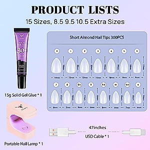 Ejiubas Gel Nail Kit - 300PCS Pre-buff Short Almond Gel Nail Tips, 15ML Long-Lasting Solid Gel with Portable Nail Lamp, Acrylic Nail Kit Gel Extension Set for Diy Home Manicure