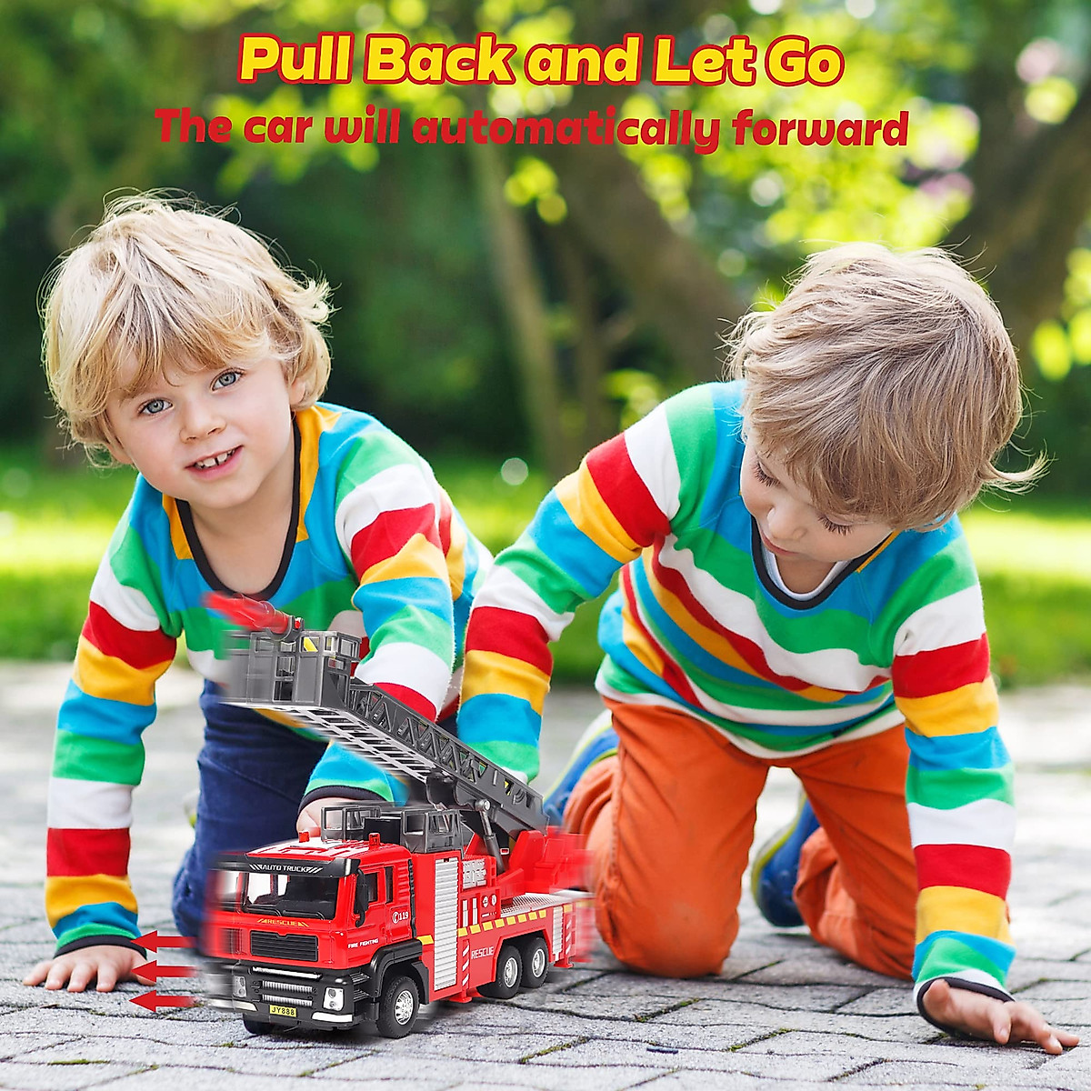 Geek Cheers Real Fire Truck Toy, Alloy Model Functional Firetruck with Water Pump, Extendable Rotating Rescue Ladder, Lights & Siren Sounds, Friction-Powered Car for Gift for Boys Girls Ages 3+