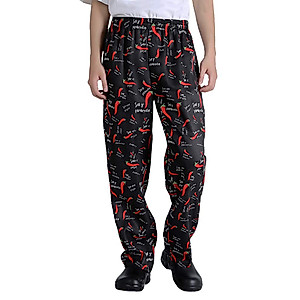 Men’s and Women's Baggy Printed Chef Pants Kitchen Uniforms with Elastic Waist Pants New Chili L