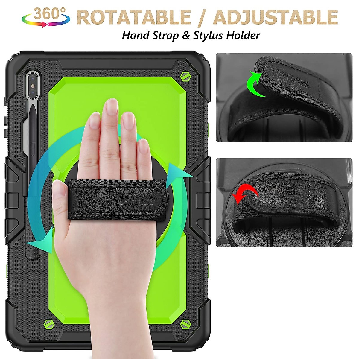 SEYMAC stock Case for Samsung Galaxy Tab S7 FE / S8 Plus 5G Case 12.4'' with Screen Protector Pencil Holder [360 Rotating Hand Strap] &Stand, Drop-Proof, Green/Black