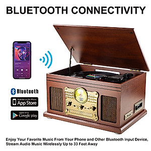 3-Speed Bluetooth Turntable with Stereo Speakers, CD/Cassette Player, FM Radio and Wireless Music Streaming - Mahogany