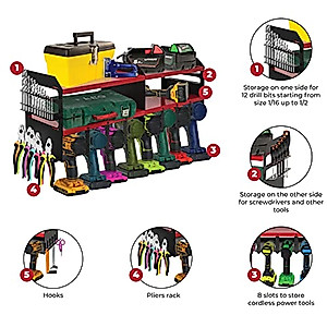 LADECH Cordless Drill Charging Station - 8 Drill Holder - Power Tool Organizer, Wall Mount Shelf with Screwdriver and Pliers Holder - Garage Storage Organizer (8 Drill Holder)