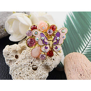 Alilang Golden Tone Shine Pink Crystal Rhinestones Enamel Butterfly Insect Flower Fashion Ring