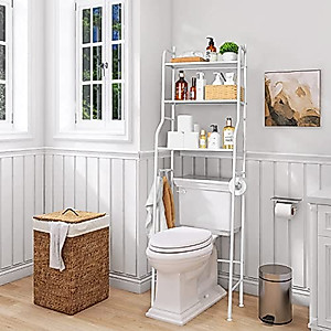 Over The Toilet Storage Rack,3-Tier Industrial Bathroom Storage Shelf With Steel Frame Above Toilet Storage Shelf Floor Free Standing Anti-Tilt Metal Frame Shelf Organizer Bathroom Furniture,White