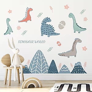 Demoue Watercolor Dinosaur Wall Decals for Baby Boys Room, Animals Dinosaur with Mountain Leaves Vinyl Wall Stickers for Classroom, Playroom Kids Party Decorations and Favors (26 pcs)
