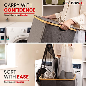 Nexusdwell 150L Large Laundry Hamper 2 Section with Removable Bags & Bamboo Handles- Sturdy Double laundry Basket with Lid and Divider- Grey Dual Laundry Hampers for Bedroom-Double Hamper