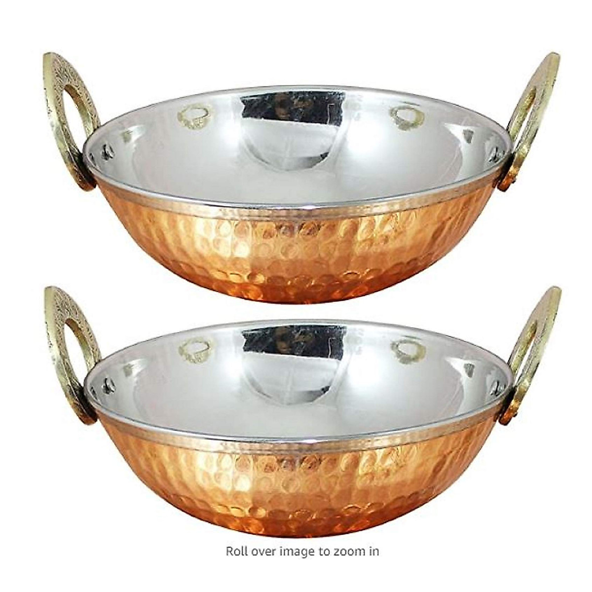 Nexxa -Set of 4, Indian Copper Serveware Karahi Vegetable Dinner Bowl with Handle for Indian Food, Diameter 13 Cm Approx