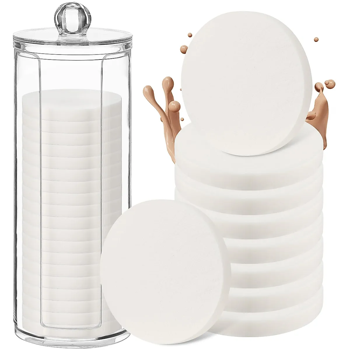 Dandat 20 Pcs Round Makeup Sponge with Acrylic Container Compact Powder Puff Cosmetic Sponge Round Foam Pad Beauty Face Makeup Foundation Powder Blender for Wet and Dry Dual Use(White)