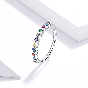 BISAER 925 Sterling Silver Rainbow Stackable Rings for Women Colorful Cubic Zirconia Stacking Eternity Band Ring Rainbow Jewelry Gifts Size 8
