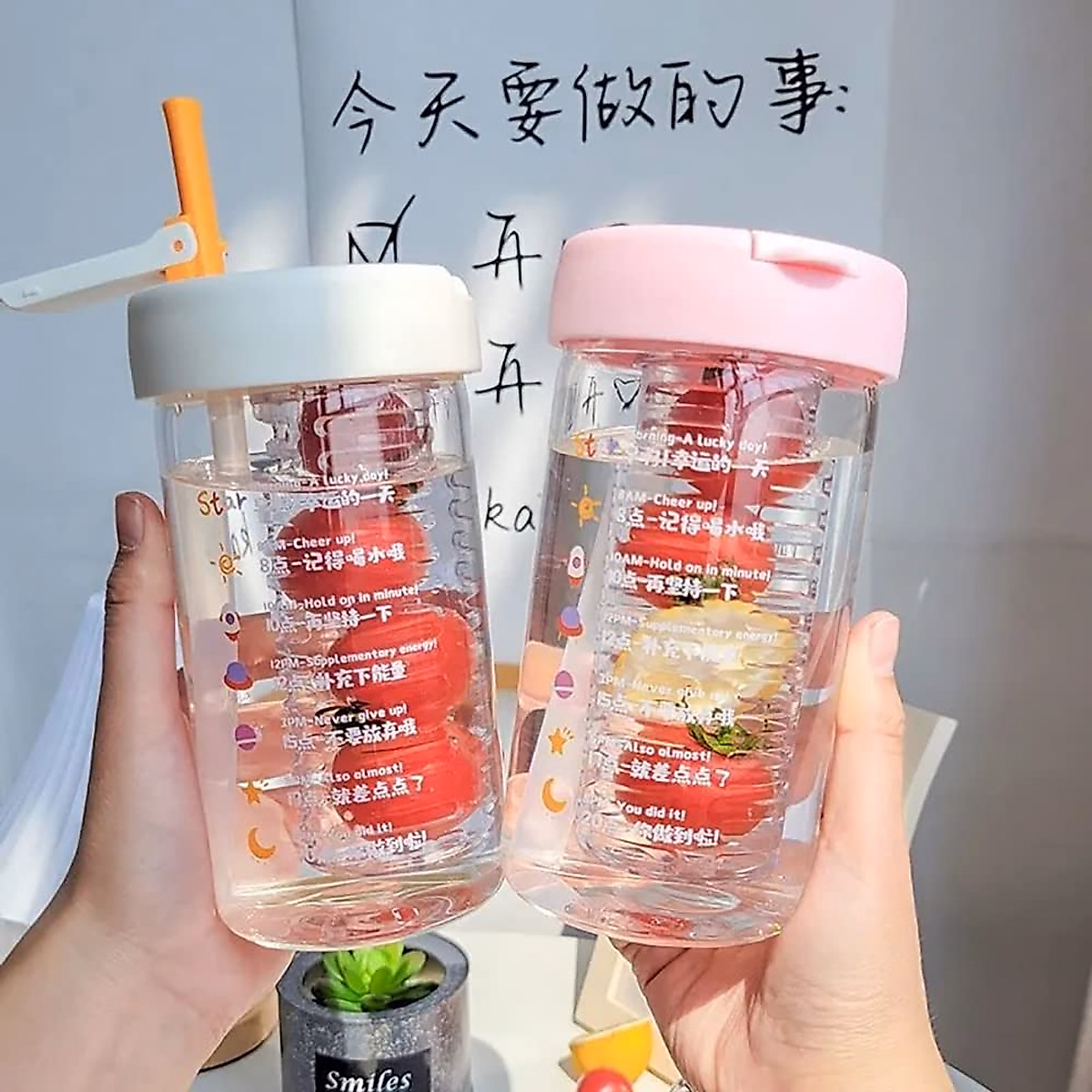 JZSMY Transparent Grass Water Bottle with Straw, 500ml Flower Tea Cup Milk Juice Cute Water Bottle Glass Water Bottles Portable Water Cup Creative Handy Cup Kawaii Bottles (Pink)