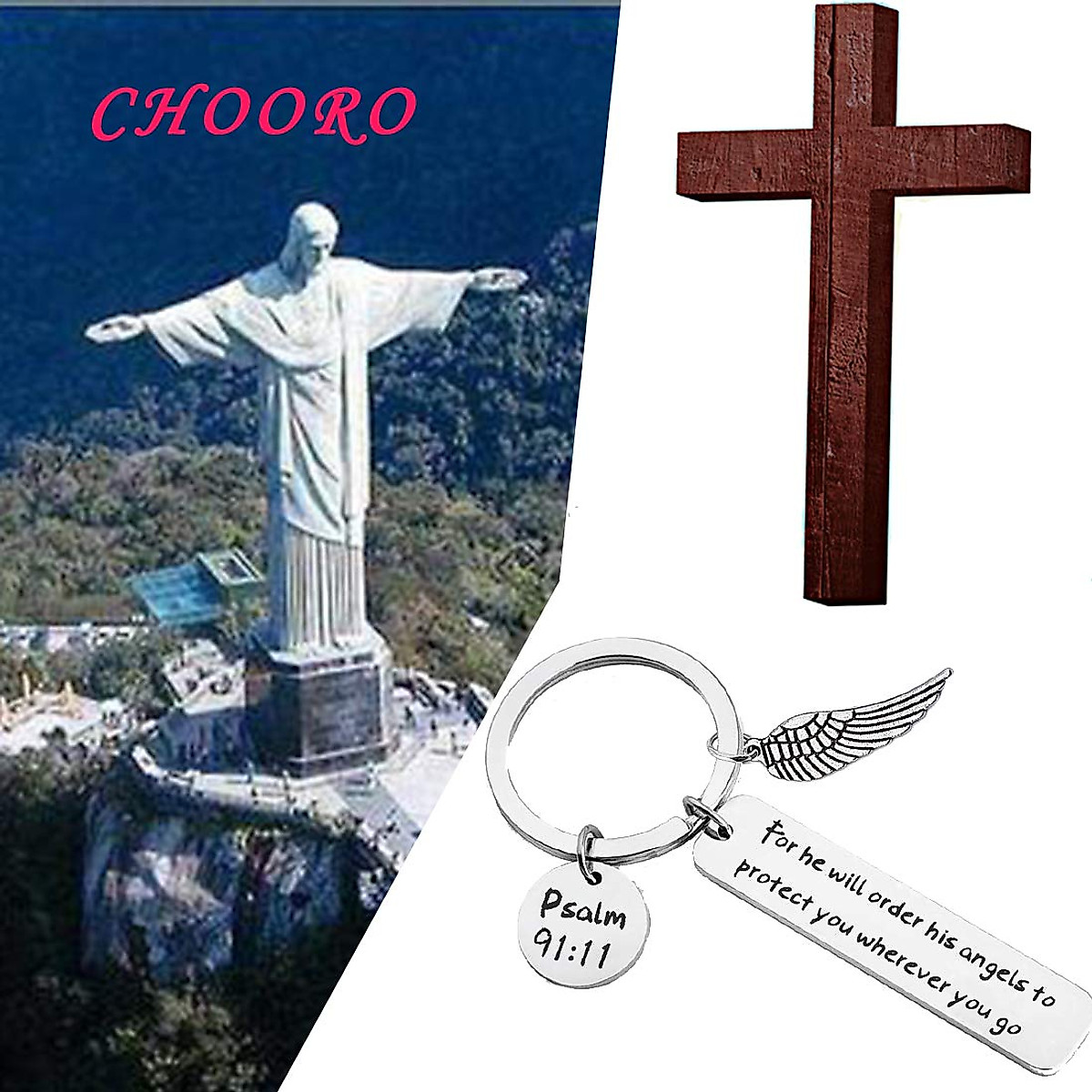 CHOORO Bible Verse Keychain for He Will Order His Angels to Protect You Wherever You Go Religious Jewelry Christian Gift (Keychain)