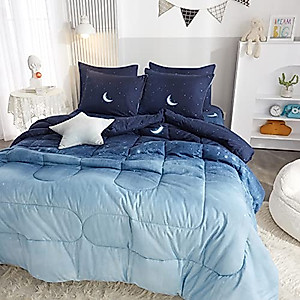 HYPREST Bed in A Bag Queen Comforter Set with Sheets - 7 Pieces Queen Teen Comforter Sets for Girls Boys, Monn Star Blue Bedding Comforter Sets Super Soft Lightweight Breathable(Oeko-Tex Certified)