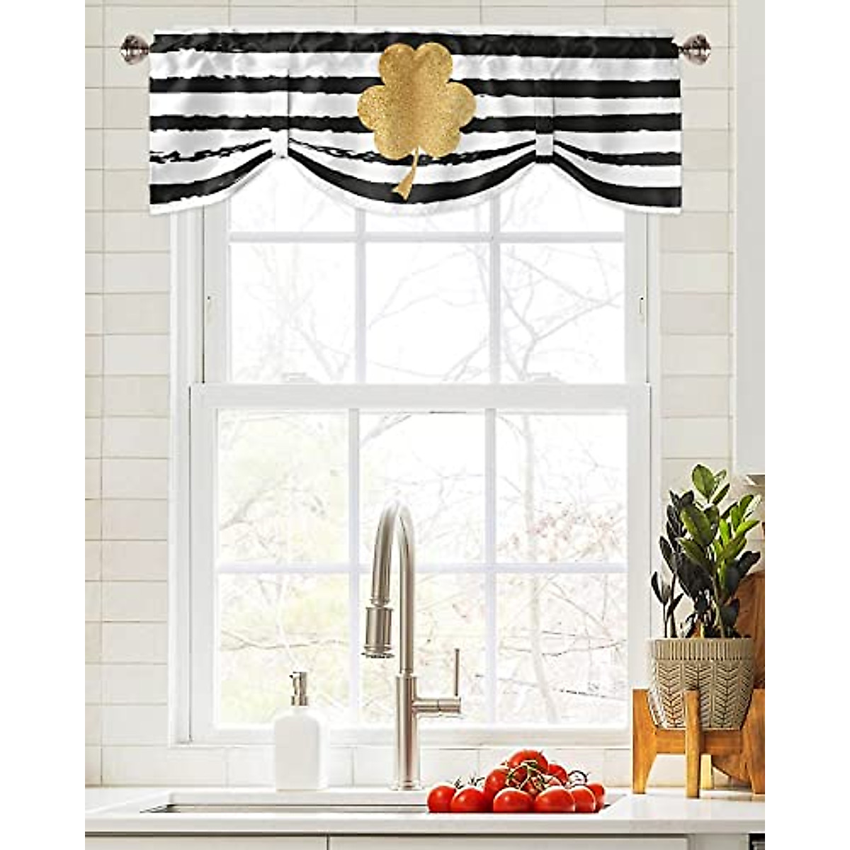 St Patrick's Gold Lucky Clover Leaves Tie Up Valance Curtain for Kitchen-Small Window Shade Valances Adjustable Rod Pocket Windows Treatment for Bathroom Black and White Stripes Line,1 Panel 42x18in