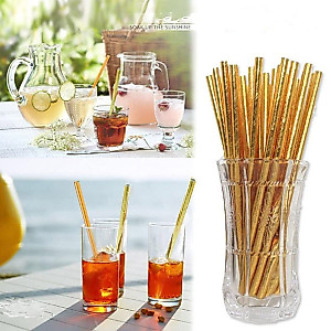 100Pack Gold Foil Paper Straws, Disposable Metallic Gold Drinking Straw Biodegradable Cocktail Straws for Birthday, Wedding, Party Supplies, 6*197 mm