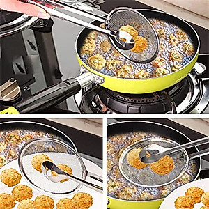 2 in 1 Stainless Steel Fine Mesh Strainer With Clip Tongs Oil Filter Spoon Multi-functional Reusable BBQ Filter Clamp Strainer Kitchen Tools for Oil-frying Food