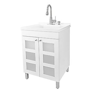 White Utility Sink in White Vanity, Stainless Steel Pull-Down Sprayer Faucet, Soap Dispenser and Spacious Cabinet by JS Jackson Supplies for Garage, Basement, Shop and Laundry Room