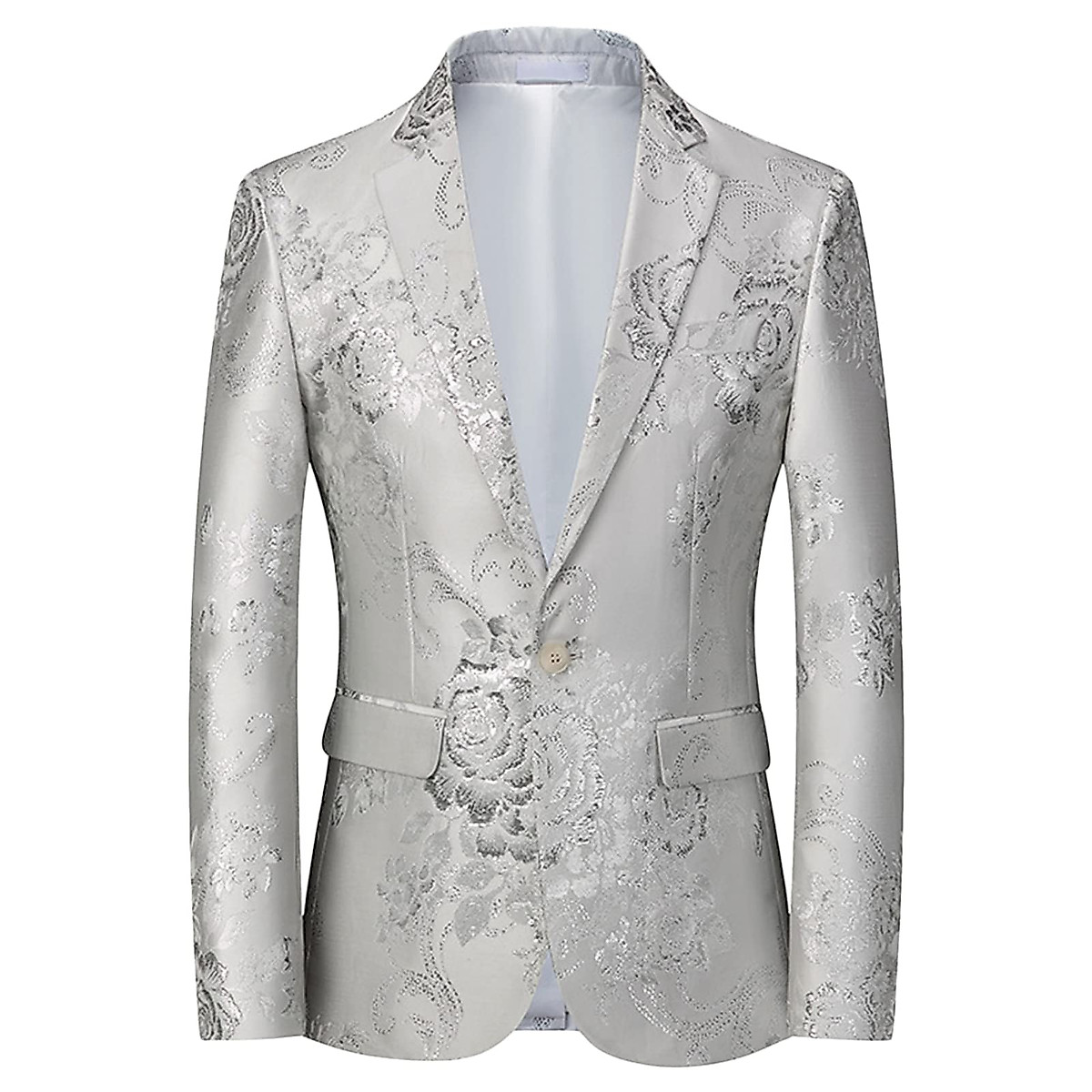 Mens Notched Lapel Dress Floral Suit Luxury Printed Slim Fit Stylish Blazer Casual Single Breasted Wedding Jacket (White,5X-Large)