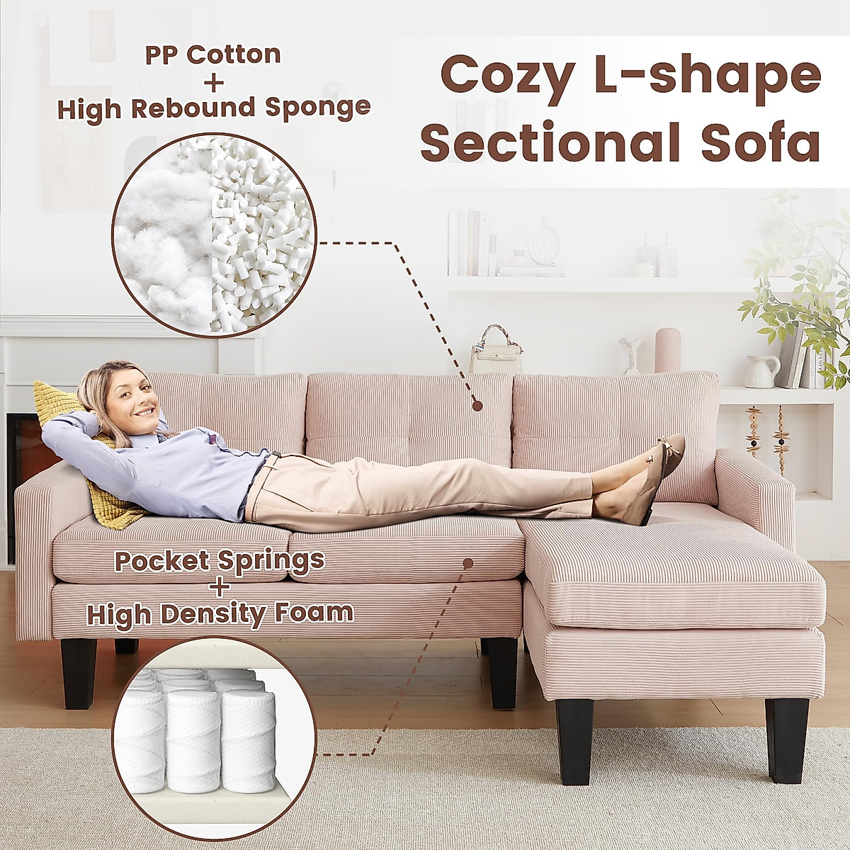 XIZZI 80" Small Sectional Sofa Couches for Living Room,L-Shape Sofa Couch with Chaise,Cloud Couch for Office,Comfy Chaise Sofa for Apartment Small Space (Corduroy,Right Facing Chaise, Pink)