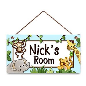 AJHERO Personalized Name Baby Blue Jungle Animals Door Sign Boys Bedroom Baby Nursery Room Wood Plaque Hanging Wall Art Decor Gift