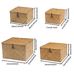 FEILANDUO 4Pcs Wicker Storage Baskets with Lids Seagrass Woven Baskets for Shelves Stackable Storage Boxes for Organizing Rattan Bins (Natural)