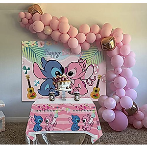 Pink Cartoon Themed Backdrop with Tablecloth 70x42in for Girls Family Birthday Party Decorations Supplies 7x5ft, One Size
