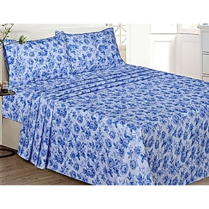 RUVANTI Silky Soft Queen Sheet Set - 4 Pieces Luxury Sheets for Queen Size Bed - All Season Breathable Bed Sheets - 15" Deep Pocket Snug Fit Sheets - Cozy & Comfy Hotel Sheets - Blue Floral