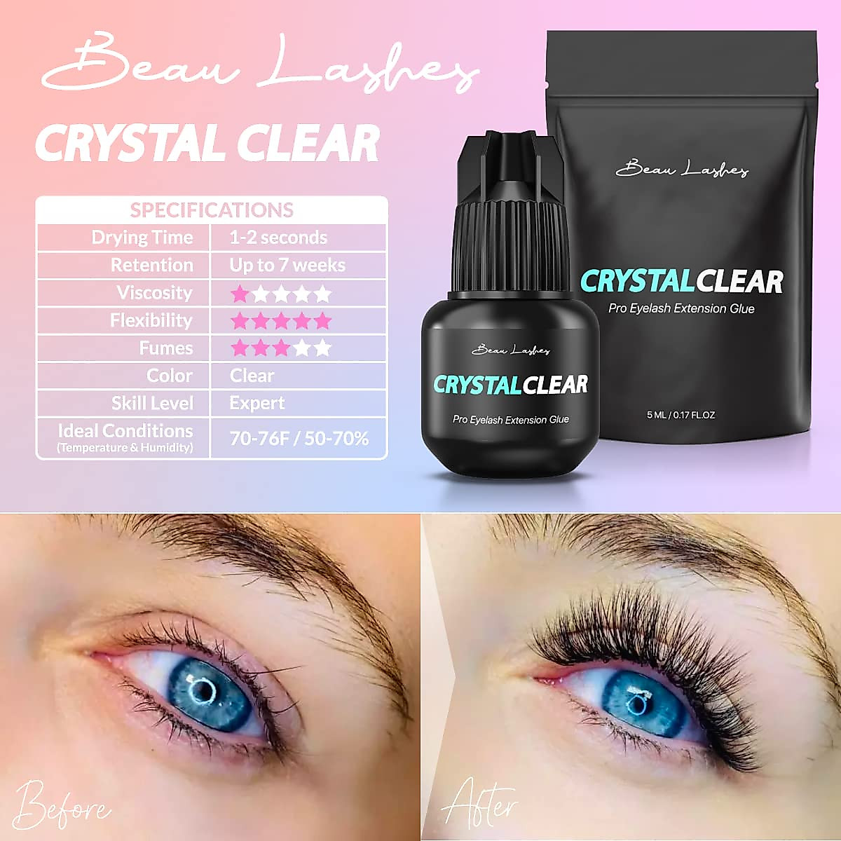 Crystal Clear Professional Eyelash Extension Glue | Super Strong Clear Lash Adhesive for Long Lasting Semi Permanent Individual Lash Eyelash Extensions | 1-2s Fast Drying / 7 Weeks Retention