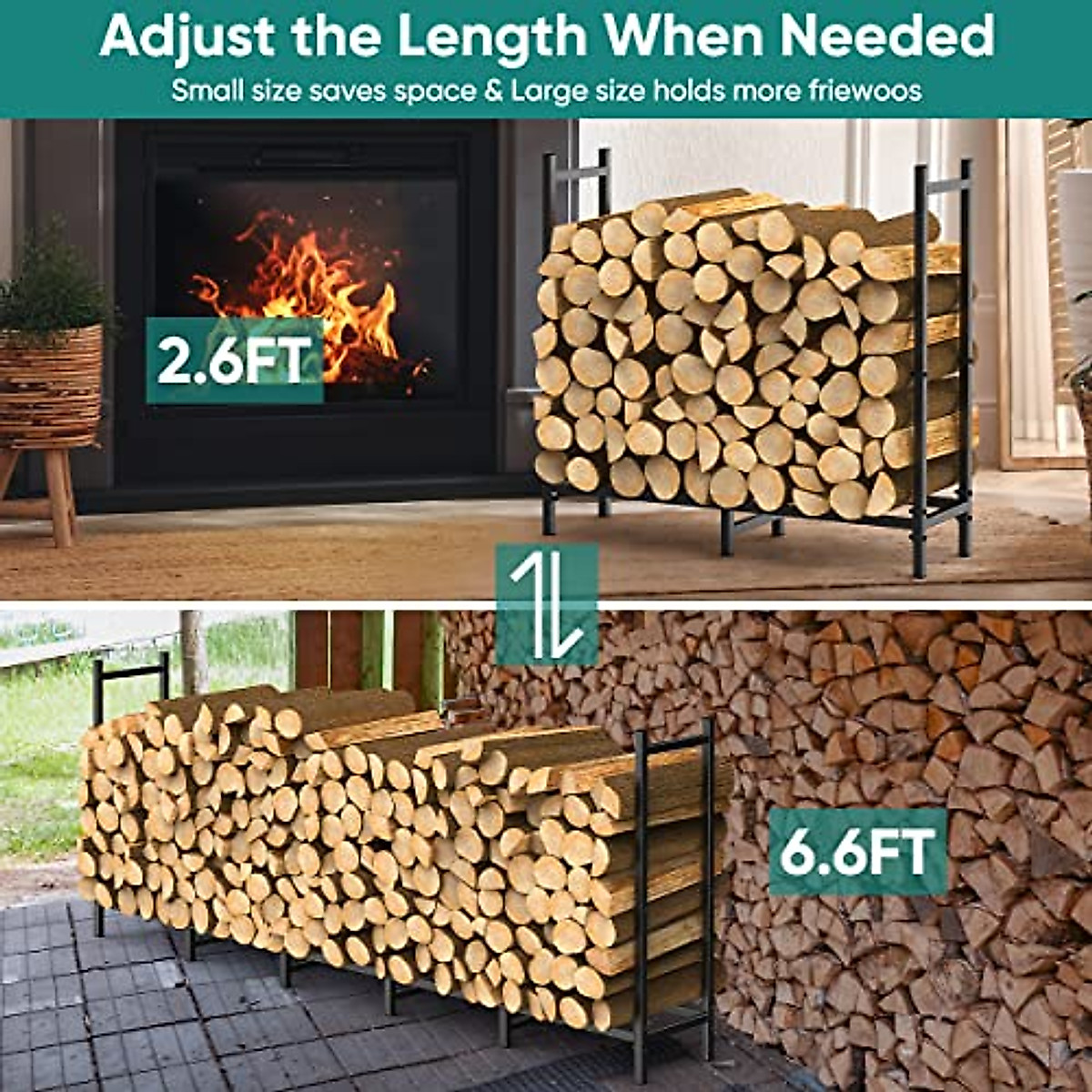 melos Firewood Rack Indoor, 6.6ft Wood Racks Outdoor For Firewood, Wood Holders Firewood Outdoor For Fireplace Wood Storage, Adjustable Fire Log Stacker Stand For Courtyard, Patio, Black