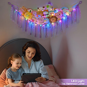 FIOBEE Stuffed Animals Net or Hammock with LED Light, Toy Hammock Hanging Stuffed Animals Storage Organizer Holder Room Décor for Nursery Kids Bedroom