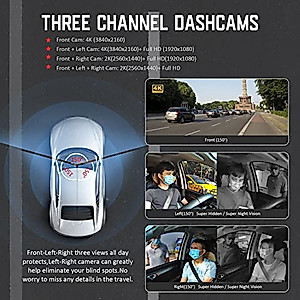 HUPEJOS V7PRO 3 Channel Dash Cam with 5GHz WiFi GPS, 4K Car Camera，128GB Card,4K Front+1080P Left or Right, 1440P+1080P+1080P Dash Camera for Cars, IR Night Vision,24 Hours Radar Detection