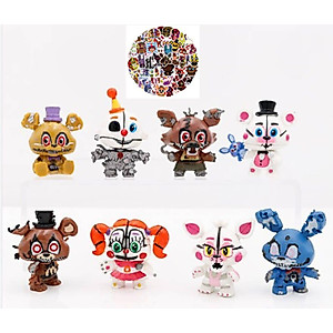 8 pcs Cake Toppers Gift for Kids, Freddy Five Nights Toys Cake Decorating, 2.3" - 3" with 50 PCS Waterproof Stickers for Party