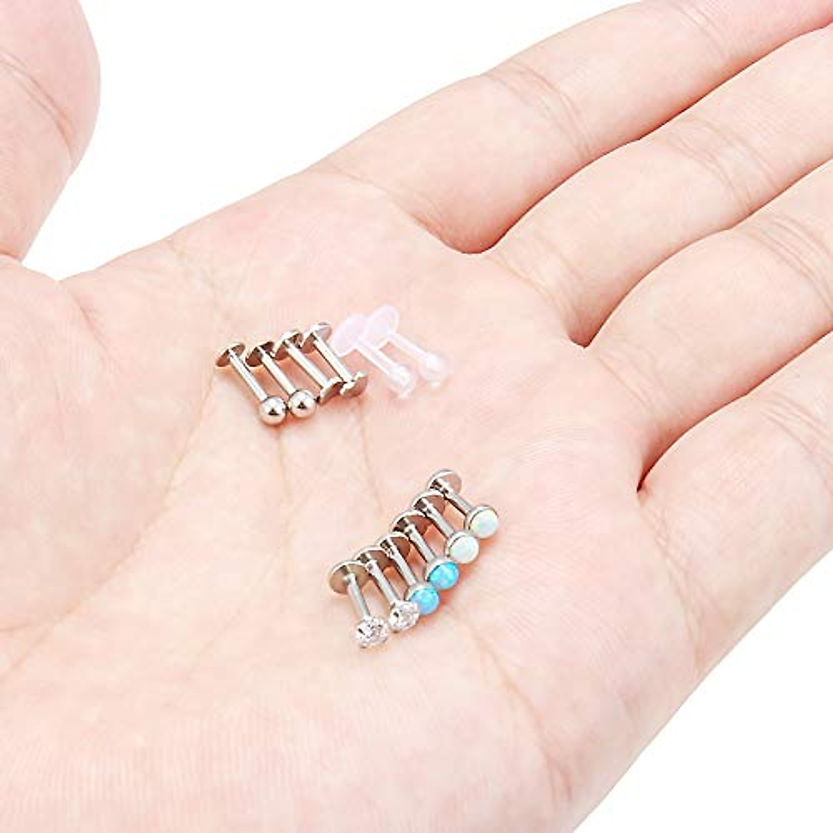 Ftovosyo Forward Helix Earring 16G 12PCS Surgical Steel Tragus Conch Cartilage Earring Stud Barbell Body Piercing Jewelry for Women Men 6mm Silver-Tone Clear Diamond CZ Opal