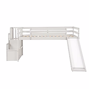 HABUHOME Low Loft Bed with Staircase,Twin Size Kids Loft Bed with Step Storage,Wood Loft Bed Frame Twin with Safety Guardrails for Girls, Boys,White