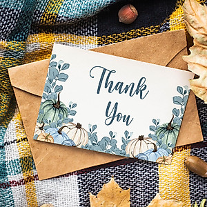 AnyDesign 36 Pack Fall Pumpkin Thank You Card Grey Blue Pumpkin Thank You Note Cards with Envelope Stickers Blue Eucalyptus Leaves Blank Cards for Fall Thanksgiving Baby Shower Wedding, 4 x 6 Inch