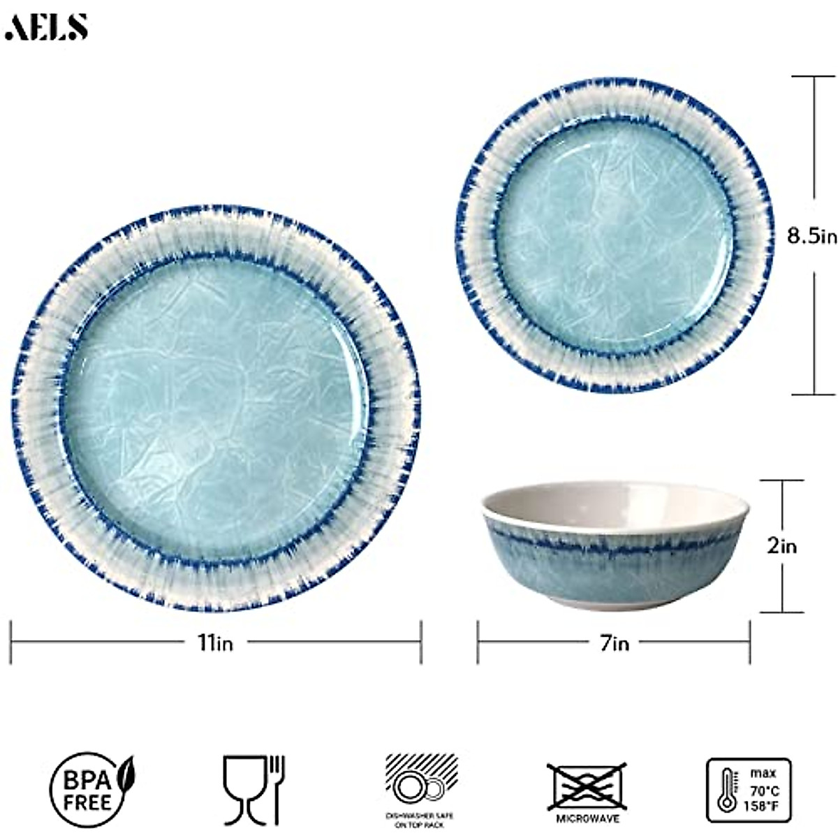 AELS Melamine Dinnerware Set of 18 Pcs Dinner Dishes Set, Lightweight Unbreakable for Indoor and Outdoor Use, BPA Free, Dishwasher Safe, Light Blue