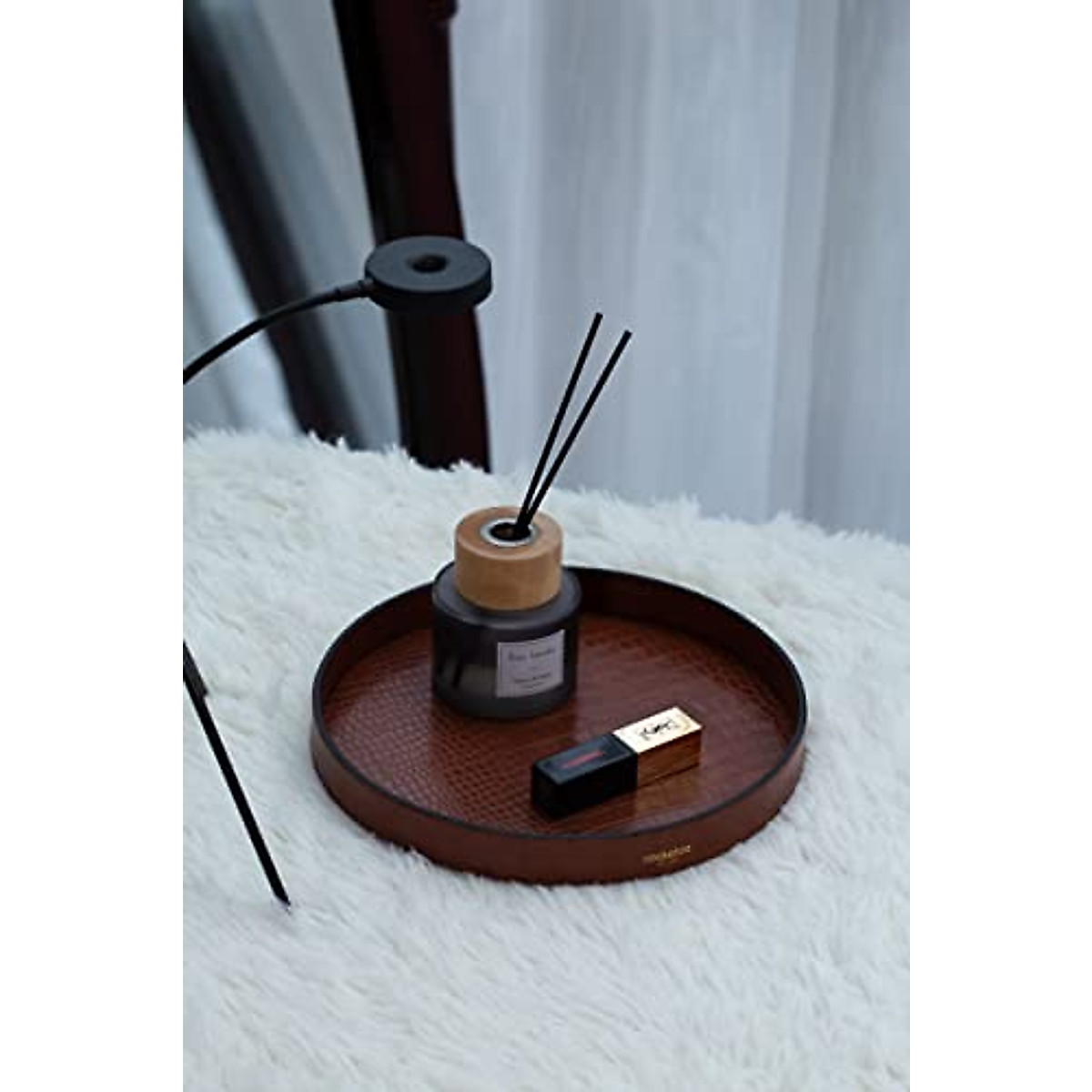 Cockatoo Faux Leather Round Tray, Decorative Coffee Tray for Ottoman, Living Room & Modern Home Decor (Medium/9", Arabian Spice)