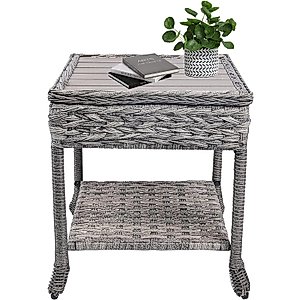 Generic Wicker Patio Side Table with Top - Multipurpose Outdoor End Table for Balcony, Porch, and Backyard Settings with 2-Tier Storage Shelf (Wooden Top), Grey, BZ001