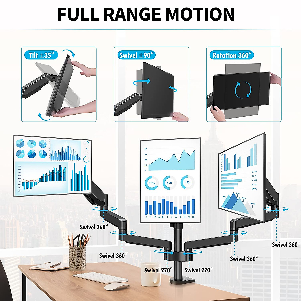 MOUNTUP Triple Monitor Stand Mount& Freestanding Dual Monitor Desk Mount- 3 Monitor Desk Mount for Computer Screens Up to 27 inch, Triple Monitor Arm with Gas Spring, Each Arm Holds Up to 17.6 lbs