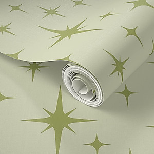 Peel & Stick Wallpaper Swatch - Atomic Age Green Vintage Star Retro Midcentury Modern 1950S Space Custom Removable Wallpaper by Spoonflower
