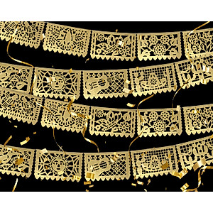 Gold Papel Picado Banner - Matte Gold Papel PicadoTissue Paper Banner for fiestas, weddings, bridal shower, engagement, baby shower, birthdays 2 pack/12ft long each)/ Not plastic