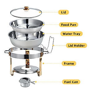 SETLUX 5QT Round Chafers for Catering Chafing Dishes for Buffet Gold Set,Chafers and Buffet Warmers Sets for Parties 4.5L(Gold 4 Pack)