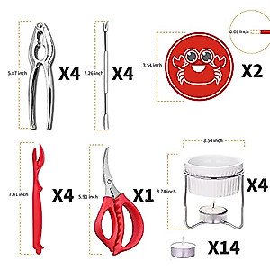 Luvan 33 Pcs Crab Crackers and Tools Set with 4 Crab leg Crackers, 4 Crab Forks, 4 Lobster Shellers, 4 Butter Warmers, 1 Seafood Scissors, 14 Tealight Candles and 2 Crab Grabbers - Seafood Tools Set