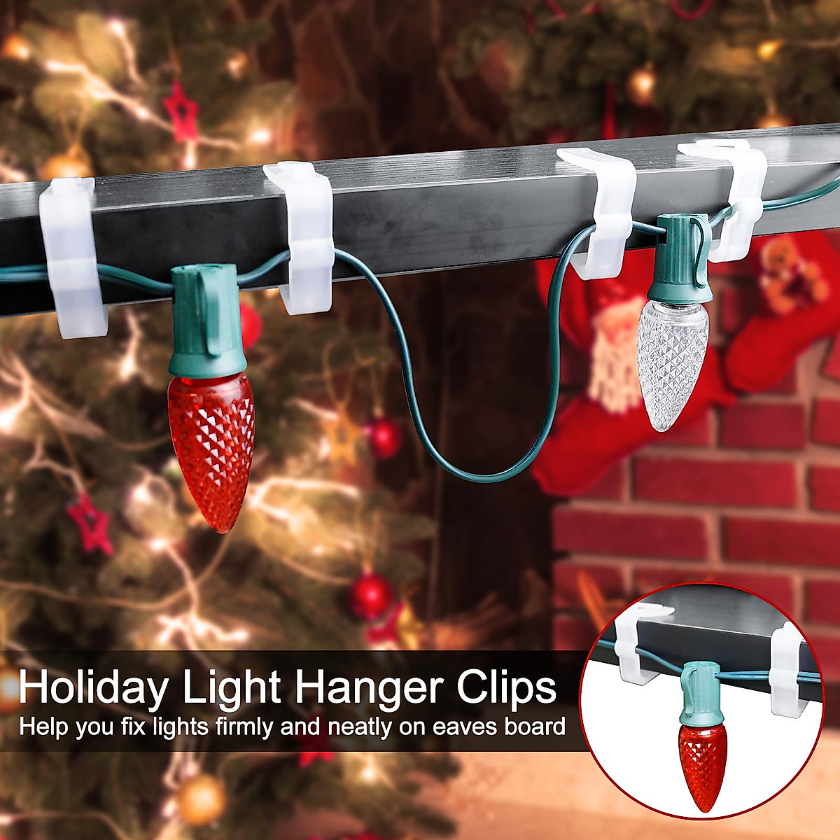 CXLHO 50 Pieces Christmas Holiday Light Hanger Hooks, 1.62" Fascia Boards Clips White, Plastic Holiday Light Clips for C7, C9, Mini String Lights Outdoor Roof Roofline Deck Eave Christmas Decoration