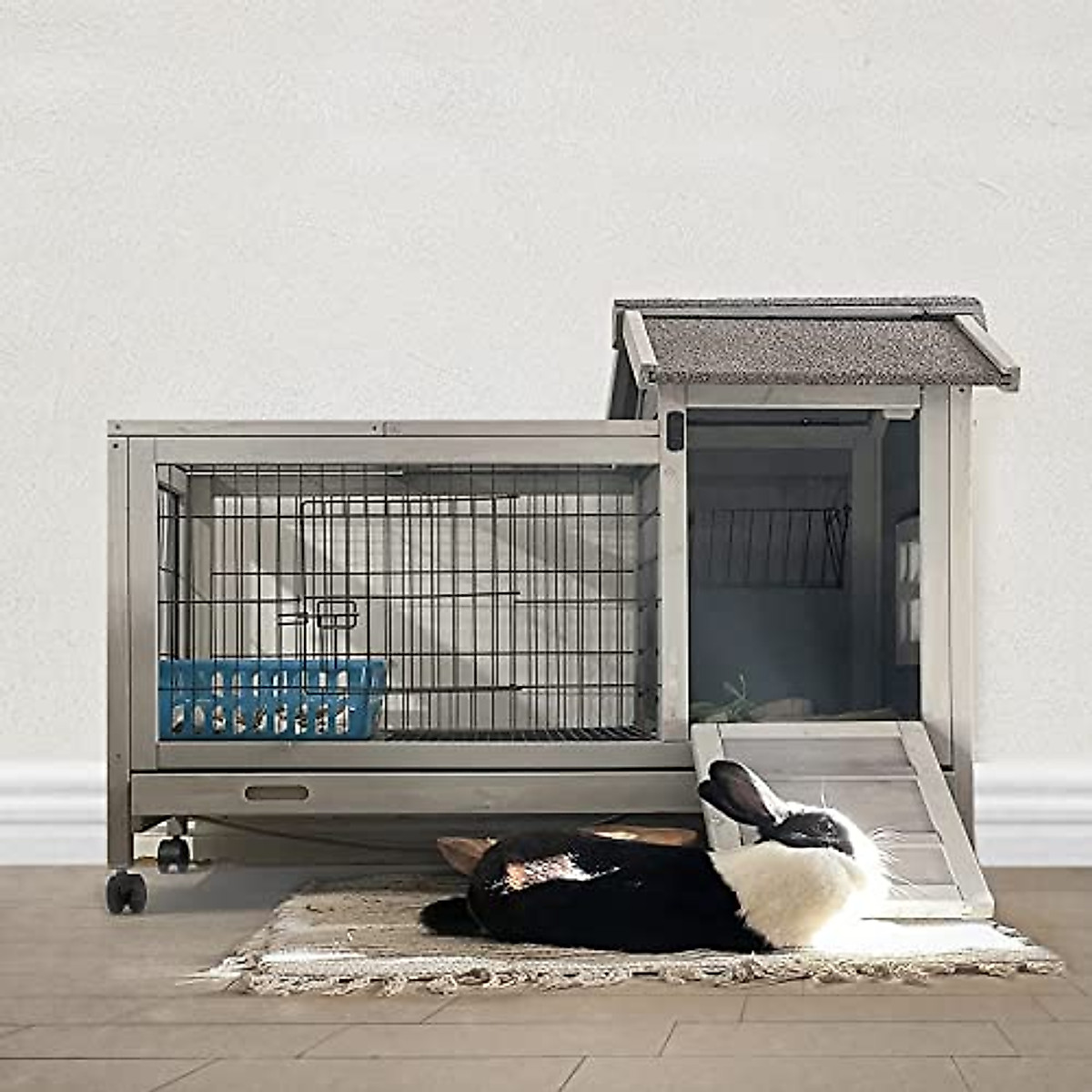 Aivituvin Wooden Rabbit Hutch with Removable Wire Floor Grid, Bunny Cage with Deeper Leakproof Tray - 4 Wheels Include