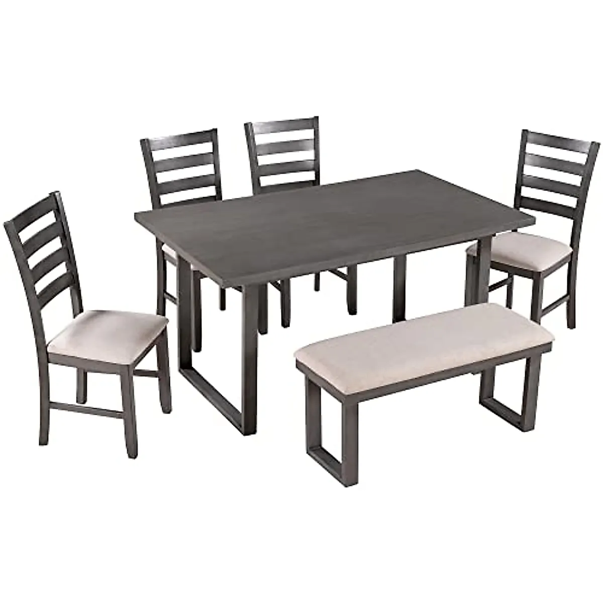 YuiHome 6-Pieces Simple Style Family Furniture, Solid Wood Set with Rectangular Table & 4 Chairs with Bench, A Stable Frame and a Long lifespan, for Dining Room, Gray, Black
