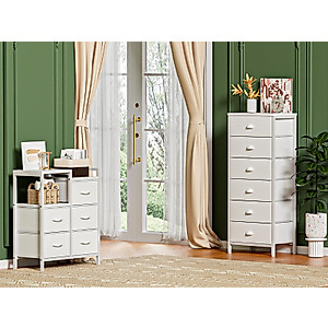 Furnulem White Tall Dresser for Bedroom,Vertical Storage Tower Unit and End Table with 6 Drawers, Nightstand Furniture with Fabric Drawer Organizer in Living Room,Closet,Entryway,Hallyway